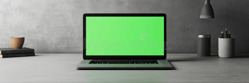 Laptop Computer with Green Screen Display on Desk in Contemporary ...