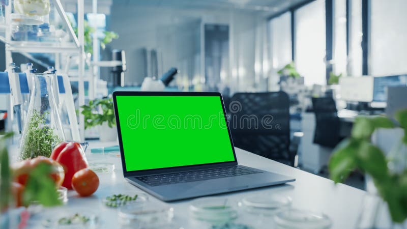 Laptop Computer with Green Screen Mock Up Display on a Table in ...