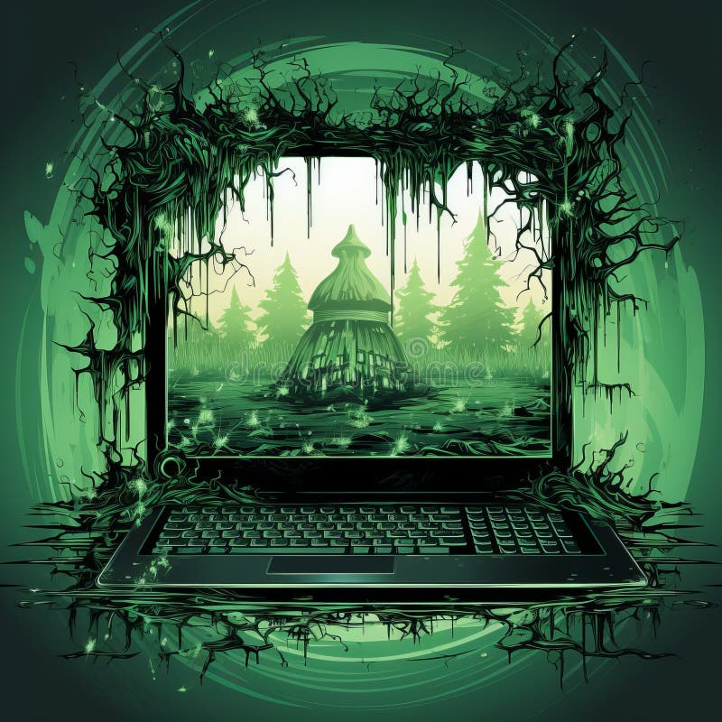 A Laptop Computer with a Green Screen and Trees in the Background Stock ...