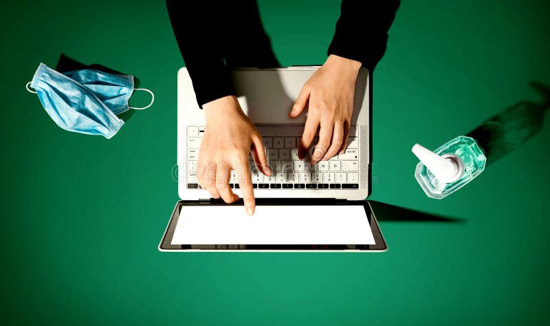 Laptop Computer with Hand Sanitizer and Masks Stock Photo - Image of ...