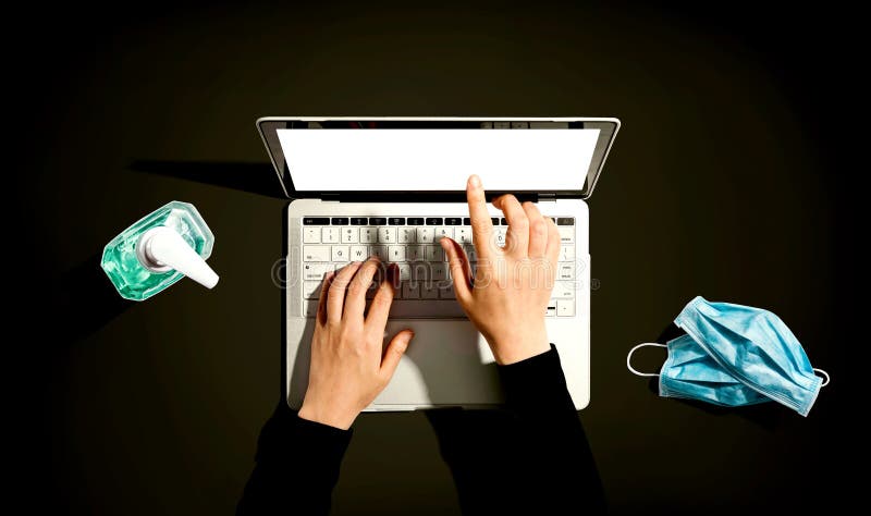 Laptop Computer with Hand Sanitizer and Masks Stock Image - Image of ...