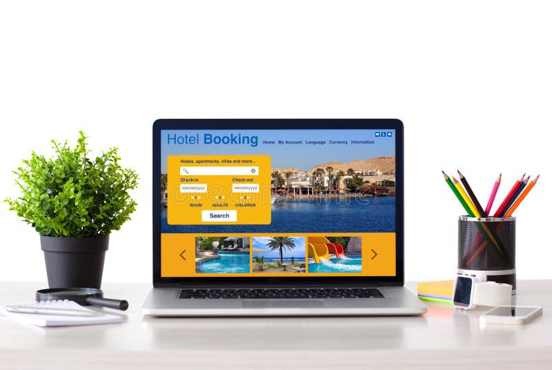 Laptop Computer with Hotel Booking Screen on Table in Office Stock ...