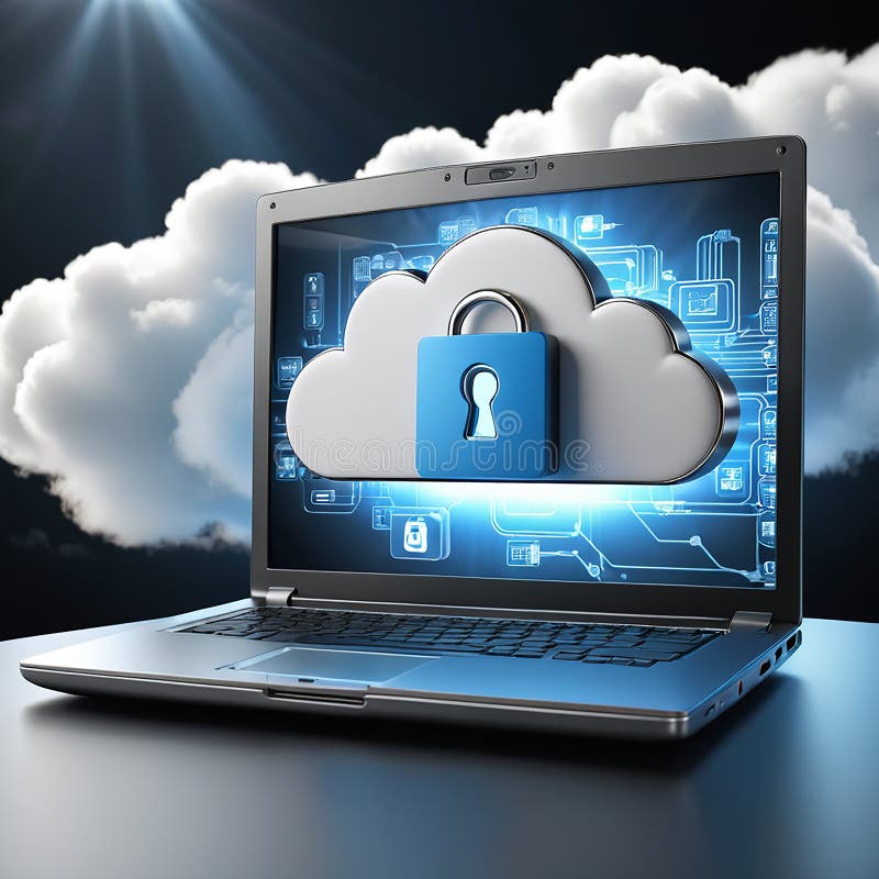Padlock Security Cloud Business Concept with Blue Screen and Clouds Laptop Stock Illustration ...