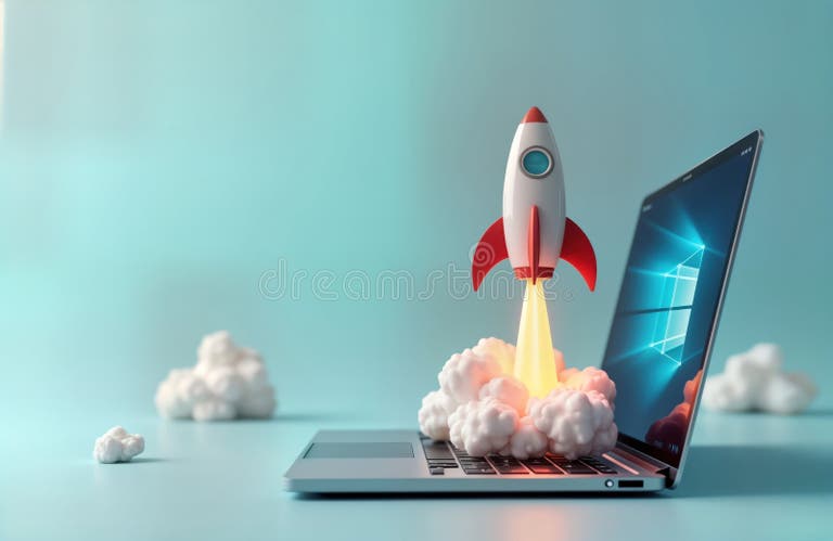 Laptop Computer Launches into Innovation. Rocket Launching from Screen ...