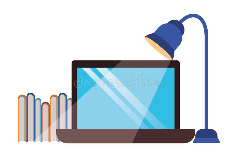 Laptop Computer with Library Books and Lamp Stock Vector - Illustration ...