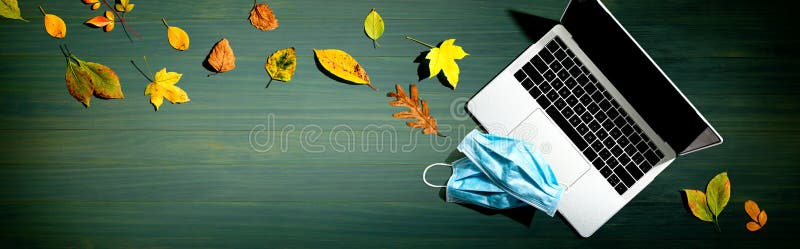 Laptop Computer with Masks in Autumn Stock Image - Image of coronavirus ...