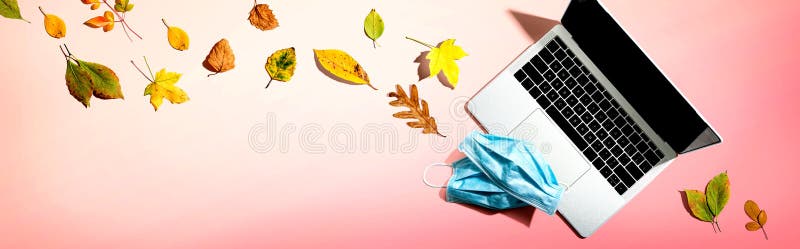 Laptop Computer with Masks in Autumn Stock Photo - Image of compter ...