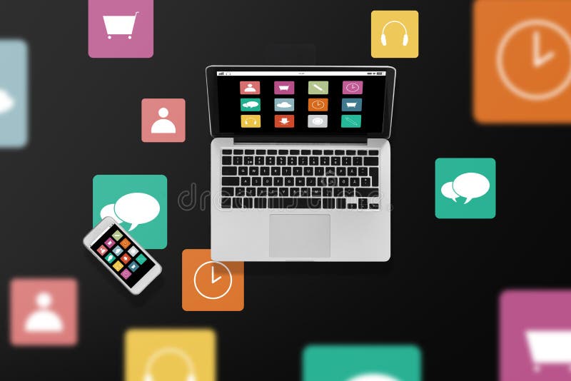 Laptop Computer with Menu Icons and Smartphone Stock Illustration ...