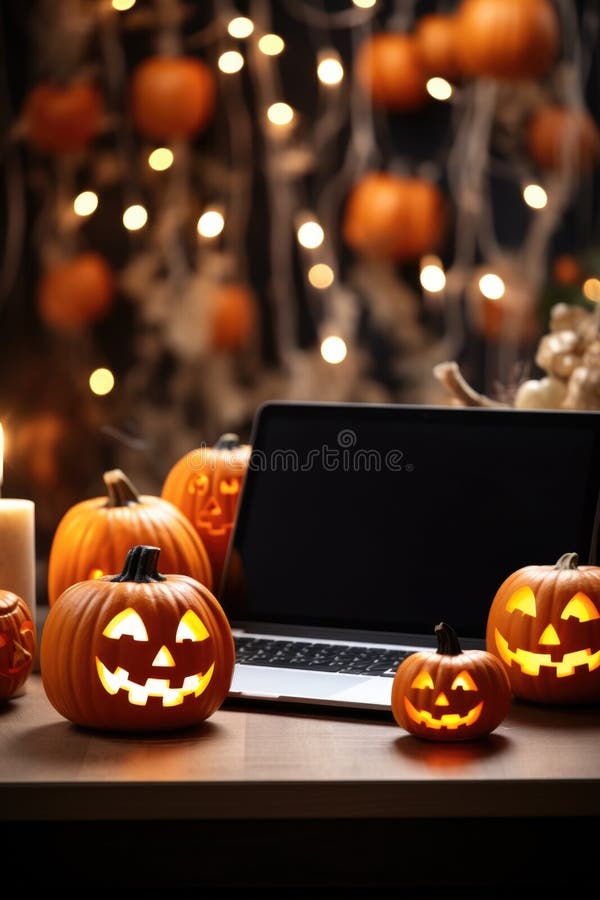 Laptop Computer Mock Up Blank Screen on Halloween Thanksgiving ...