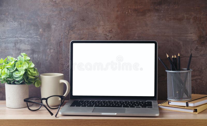 Laptop Computer Mock Up with Notebook, Coffee Cup and Plant on Modern ...