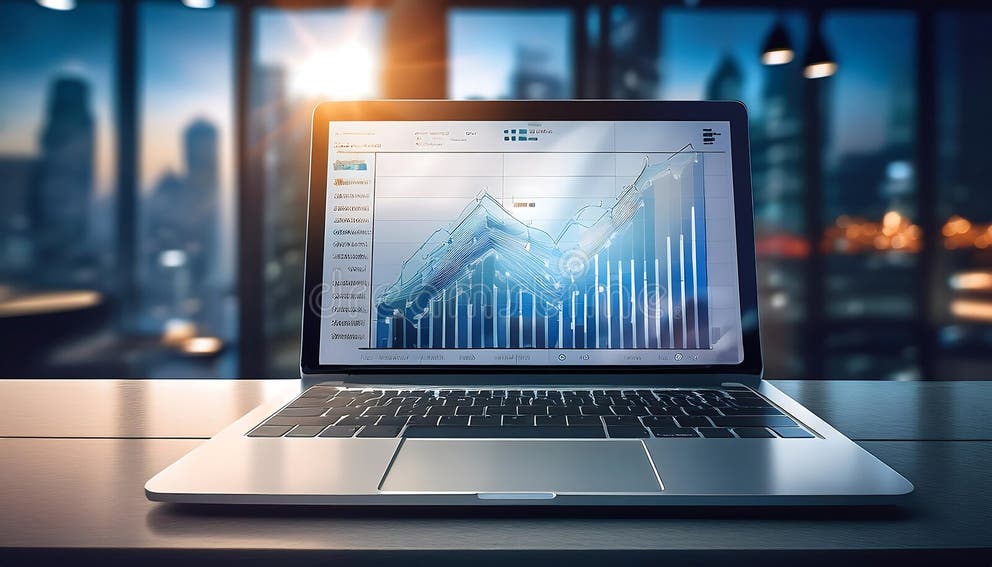 Laptop Computer Monitor with Graph and Chart, Office Desk Stock Illustration - Illustration of ...
