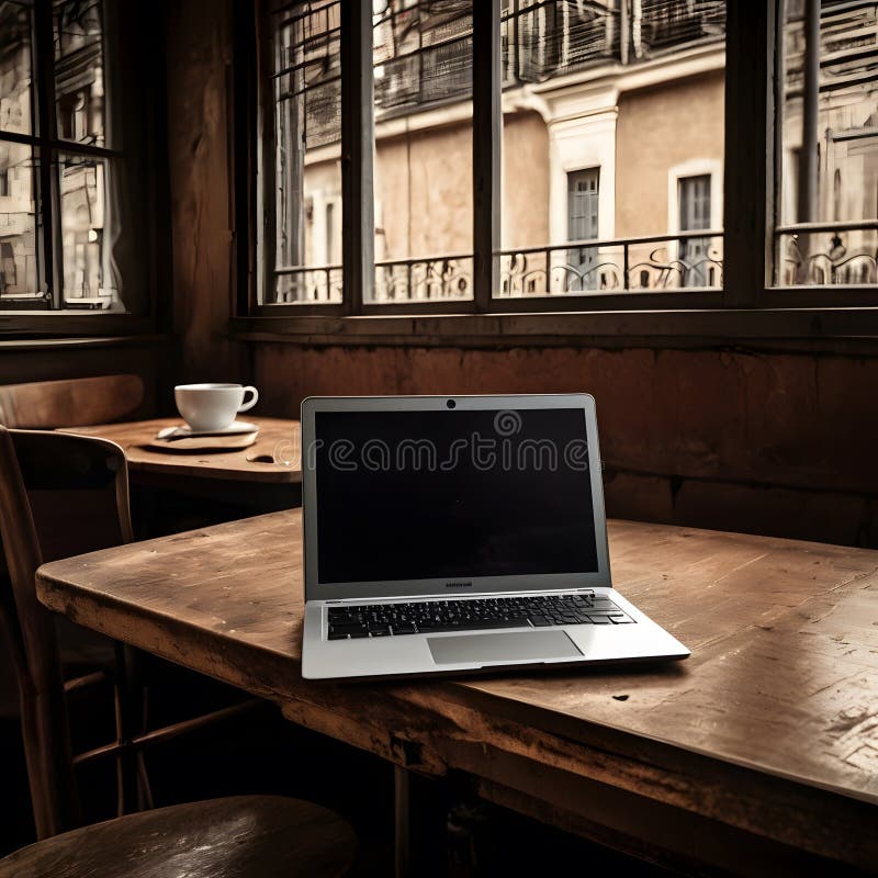 Laptop Computer Monitor Technology in a Old Cafe Stock Illustration ...