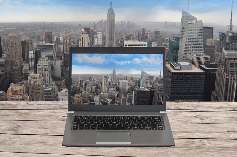 Laptop Computer with New York Skyline Stock Image - Image of life ...