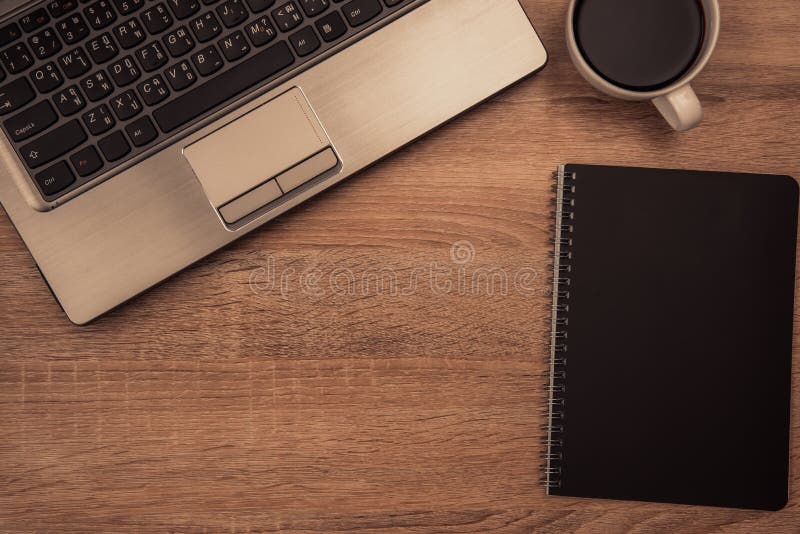 Laptop Computer or Notebook, Note and Cup of Coffee on Working T Stock ...