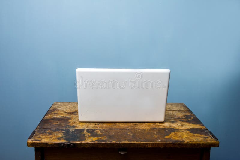 Laptop Computer on Old Wood Desk Stock Photo - Image of white, internet ...
