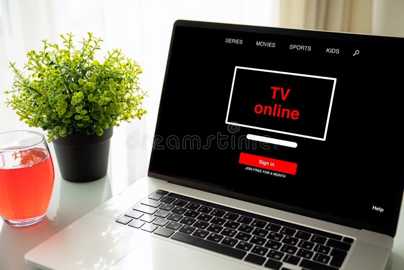 Laptop Computer with Online Tv Application on Table in Room Stock Image ...