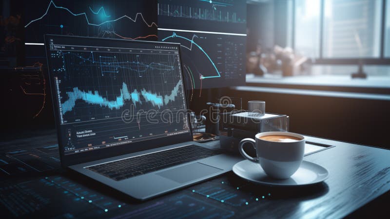 A Laptop Computer is Open on a Desk with a Cup of Coffee Next To it ...