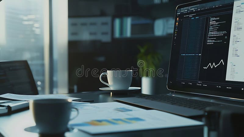 A Laptop Computer is Open on a Desk with a White Coffee Cup Next To it ...