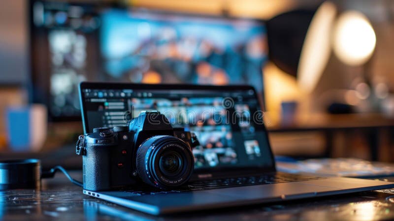A Laptop Computer is Open on a Table with a Camera Stock Image - Image ...