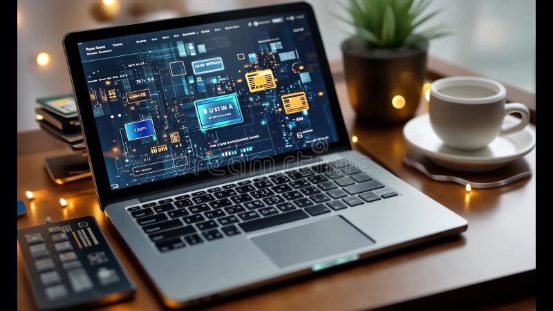 Laptop Computer is Open To a Screen with a City View. the Laptop is on ...