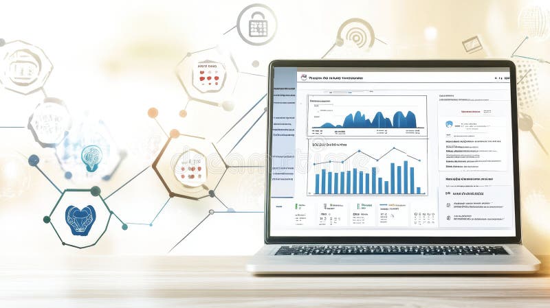 A Laptop Computer is Open To a Screen Displaying a Graph with Various Icons Stock Photo - Image ...