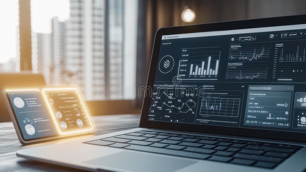 A Laptop Computer is Open To a Screen Displaying a Number of Graphs and Charts Stock Photo ...