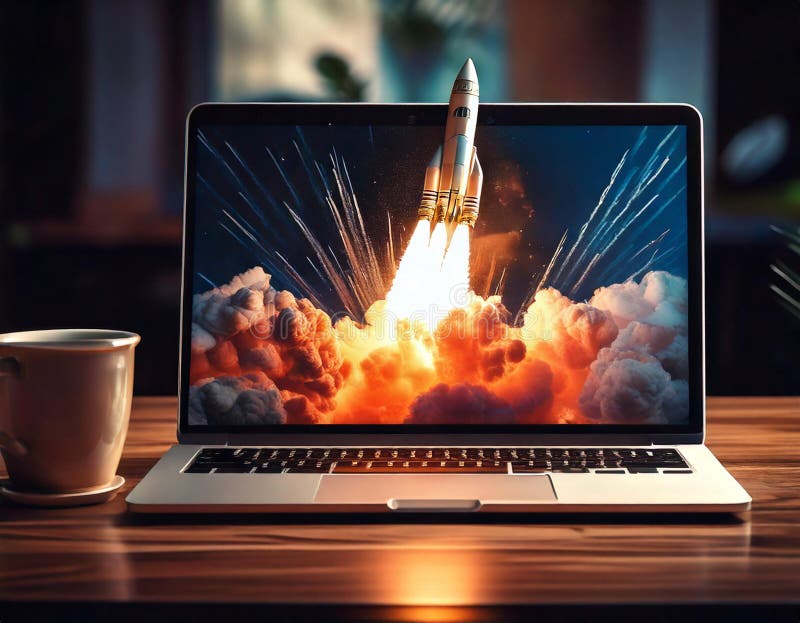A Laptop Computer is Open To a Screen Showing a Rocket Launch Stock ...