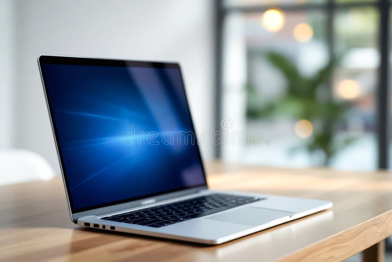 Laptop Computer is Open on a Wooden Table Stock Photo - Image of desk ...