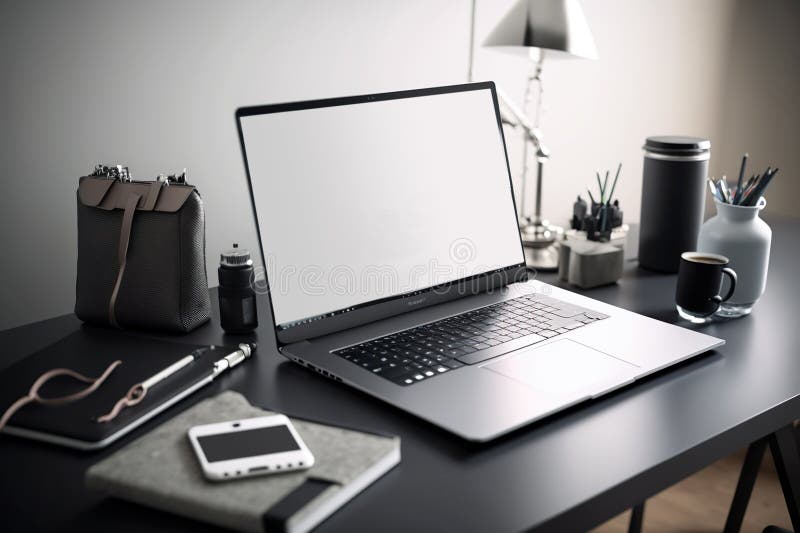 Laptop Computer with Opened Lid on Table Inboffice Workspace ...