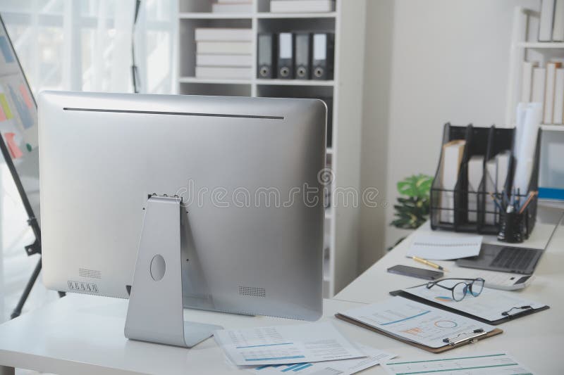 Laptop Computer with Opened Lid on Table in Meeting Room of Office ...