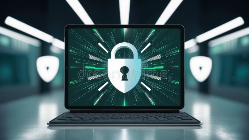 A Laptop Computer with a Padlock on it Sitting in Front of an Abstract ...