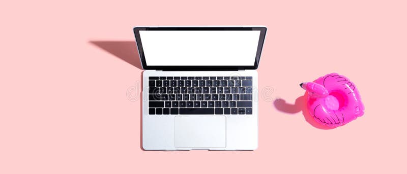 Laptop Computer with a Pink Flamingo Stock Image - Image of overhead ...