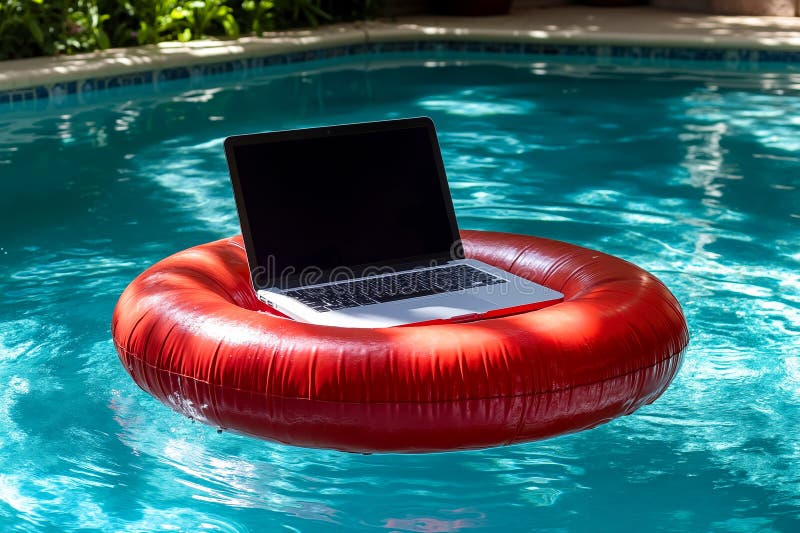 A Laptop Computer Sitting on an Inflatable Ring in a Swimming Pool ...