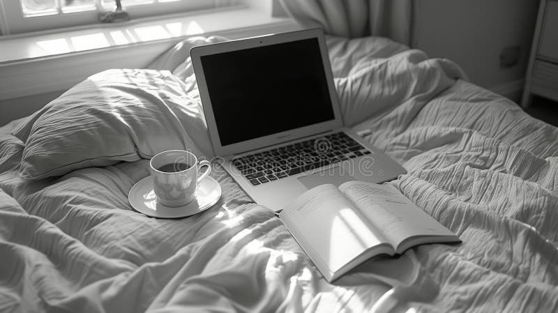 Laptop Computer on Bed stock image. Image of convenience - 318202367