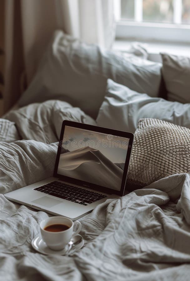 Laptop Computer on Bed stock photo. Image of nomad, laptop - 318221140