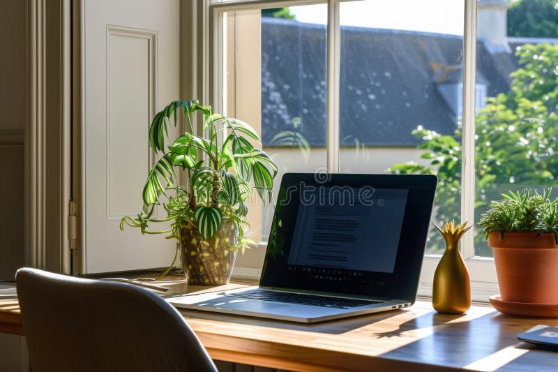 A Laptop Computer Placed on Top of a Solid Wooden Desk, Ready for Use ...