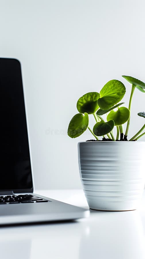Laptop and Flower Pot on White Table, Copy Space. Generative AI Stock ...