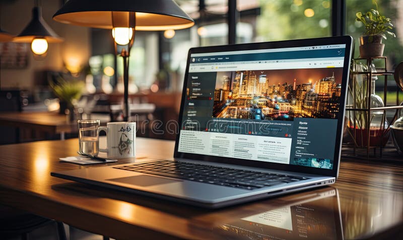 Laptop Computer on Wooden Desk Stock Image - Image of interior ...