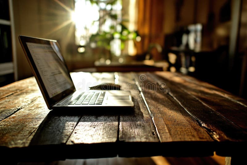 A Laptop Computer Placed on a Wooden Table Stock Photo - Image of ...