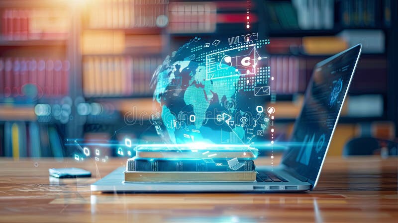 A Laptop Computer is Placed on a Wooden Table, Depicting an EdTech Concept for Online Education ...
