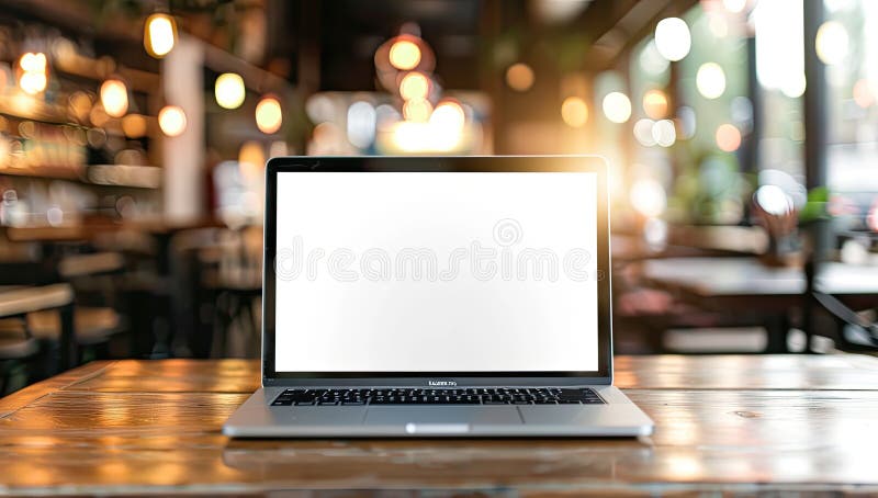 A Laptop Computer Rests on a Wooden Table Inside a Restaurant Stock ...
