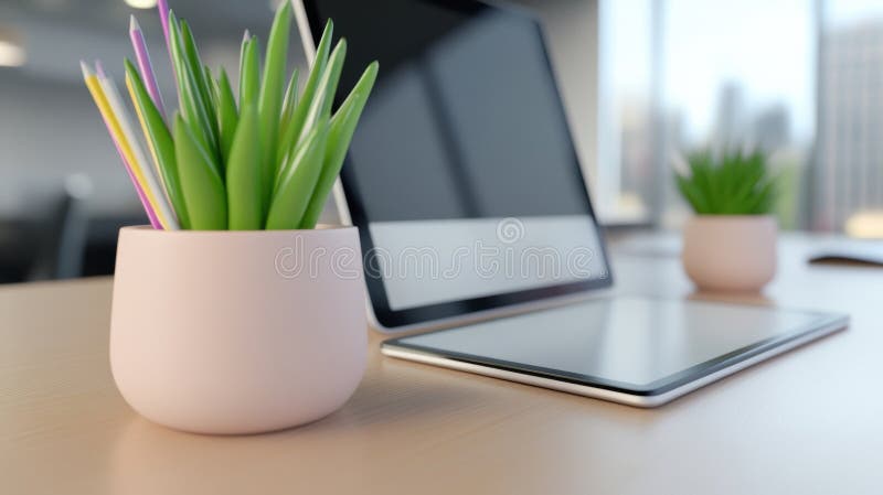 A Laptop Computer and Plant on a Desk with an Open Book, AI Stock Photo ...