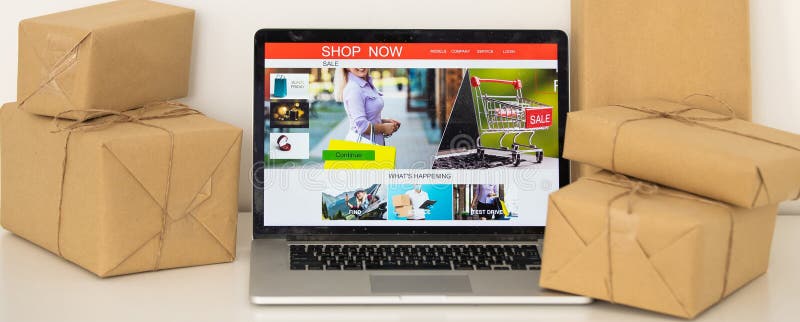 Laptop Computer with Postal Parcel, Selling Online Ideas Concept Stock ...