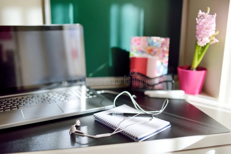 Laptop Computer at Productive Home Workplace. Using Tablet Computers ...