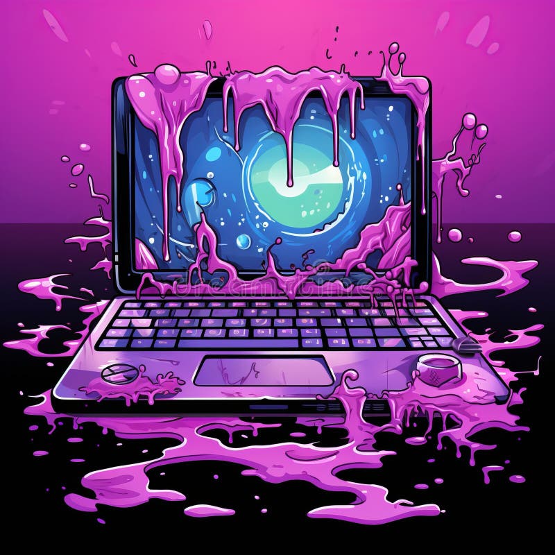 A Laptop Computer with a Purple Liquid Splattered on it Stock Photo ...