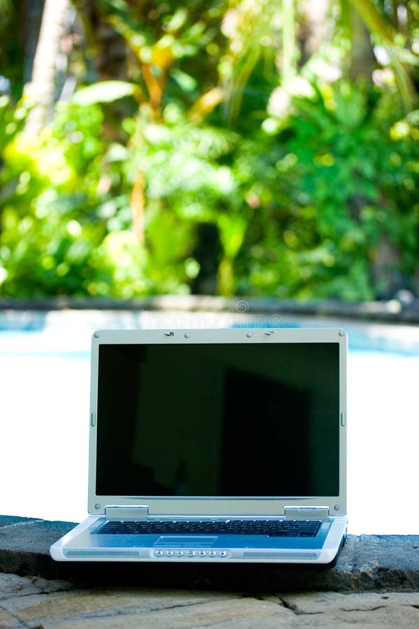Laptop Computer and Resort Pool Stock Image - Image of holiday ...