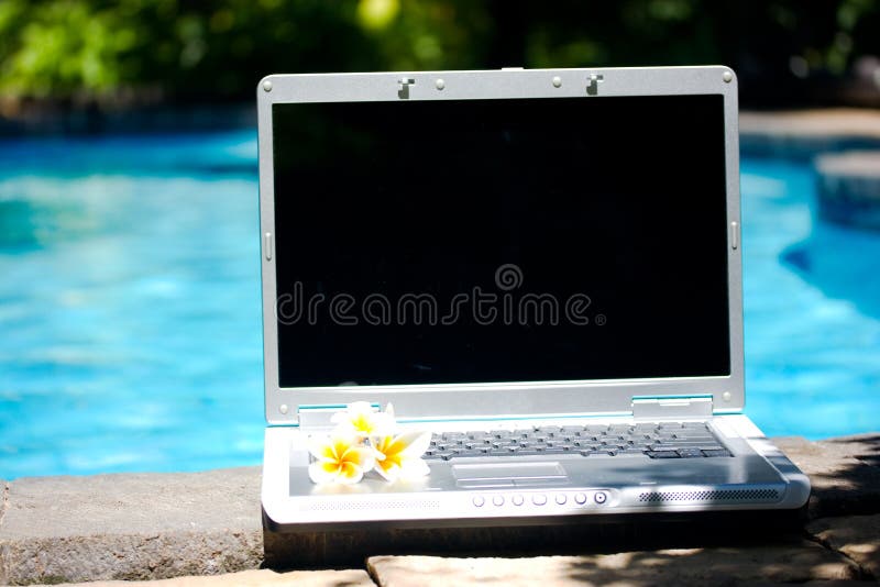 Laptop Computer and Resort Pool Stock Photo - Image of computer ...