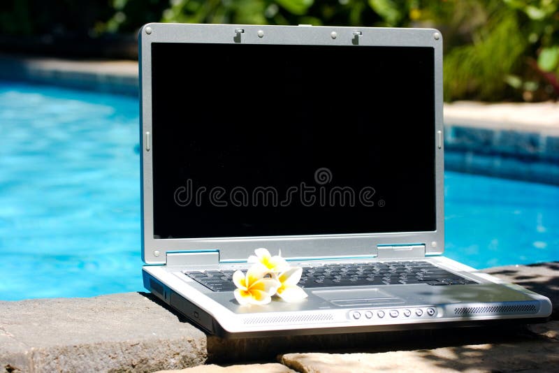 Laptop Computer and Resort Pool Stock Image - Image of mobility, blue ...