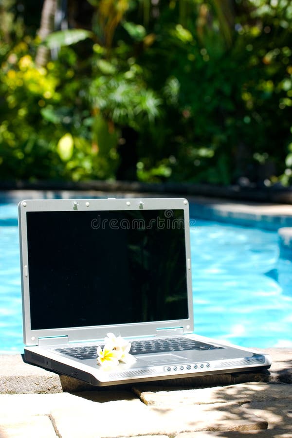 Laptop Computer and Resort Pool Stock Image - Image of mobile, holiday ...
