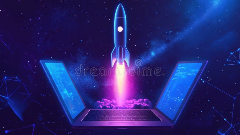 A Laptop Computer with a Rocket Coming Out of it Stock Illustration ...